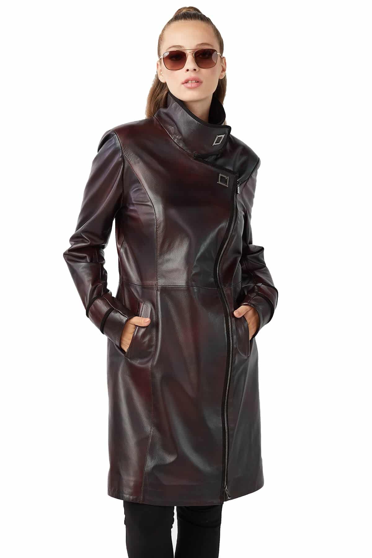 Alaska Womens 100 Real Claret Red Leather Trench Coat